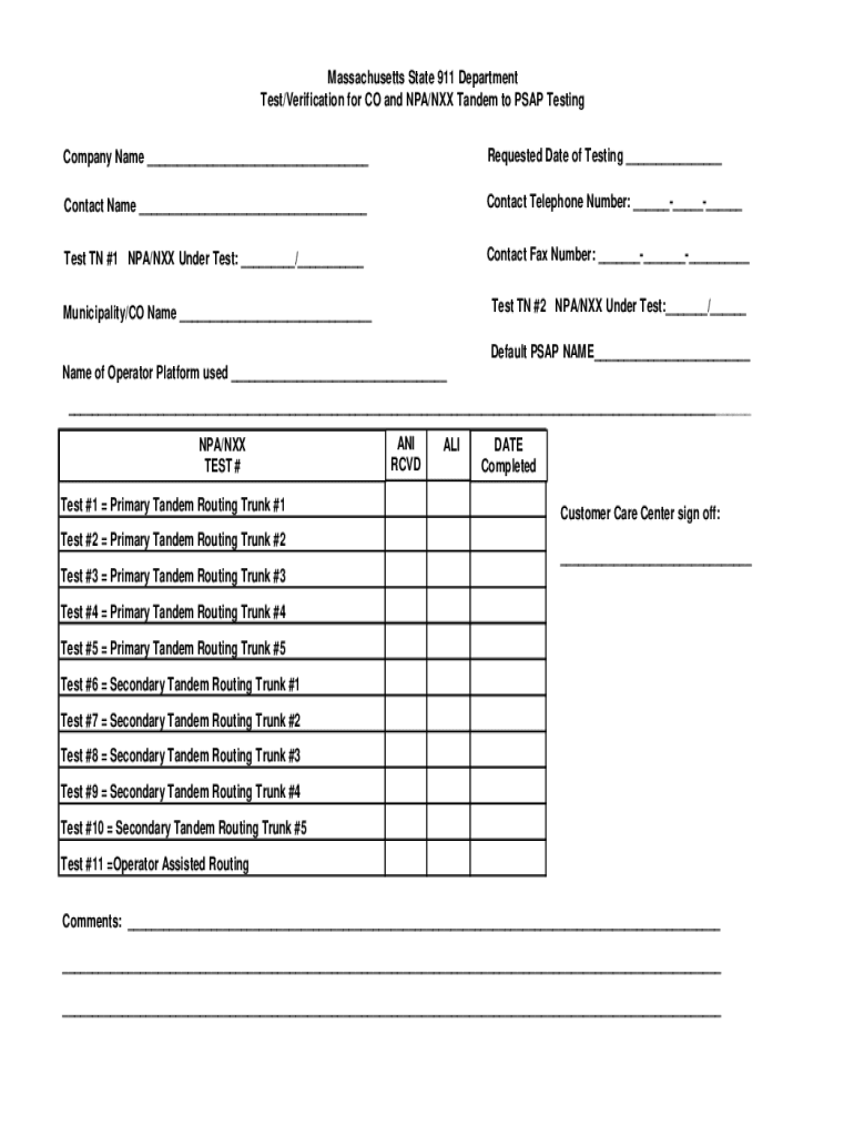 Fillable Online Massachusetts State 911 Department Test/Verification ...