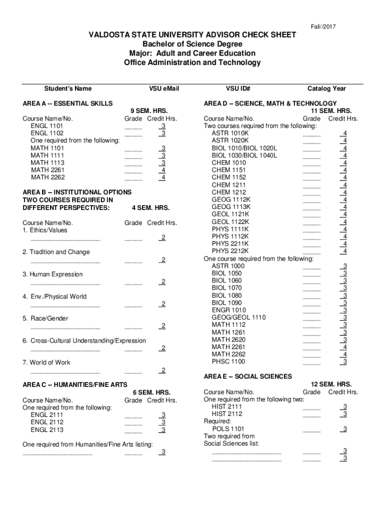 Fillable Online Fall//2017 VALDOSTA STATE UNIVERSITY ADVISOR CHECK ...