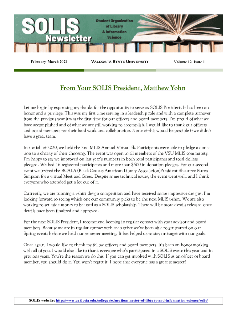 Fillable Online From Your SOLIS President, Matthew Yohn - Valdosta ...