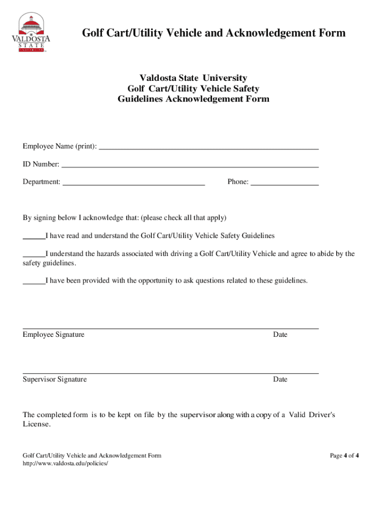 Fillable Online Golf Cart/Utility Vehicle and Acknowledgement Form Fax ...