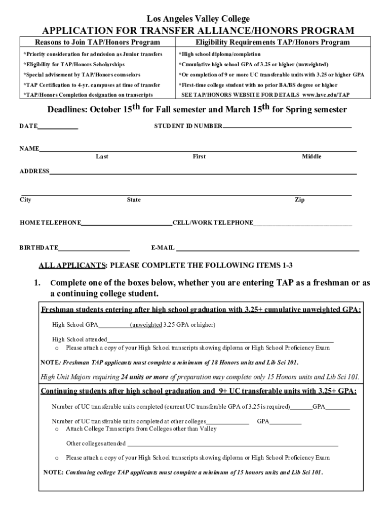 Fillable Online APPLICATION FOR TRANSFER ALLIANCE/HONORS PROGRAM Fax Email Print - pdfFiller