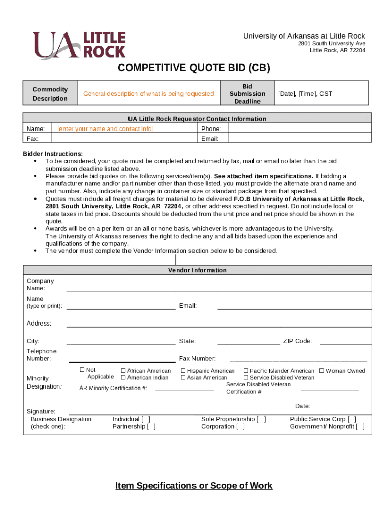 Competitive Bid Template - ualr.edu Doc Template | pdfFiller