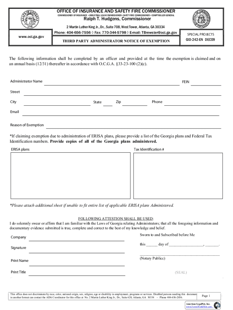 Fillable Online Third Party Administrator Notice Of Exemption GID-242 ...