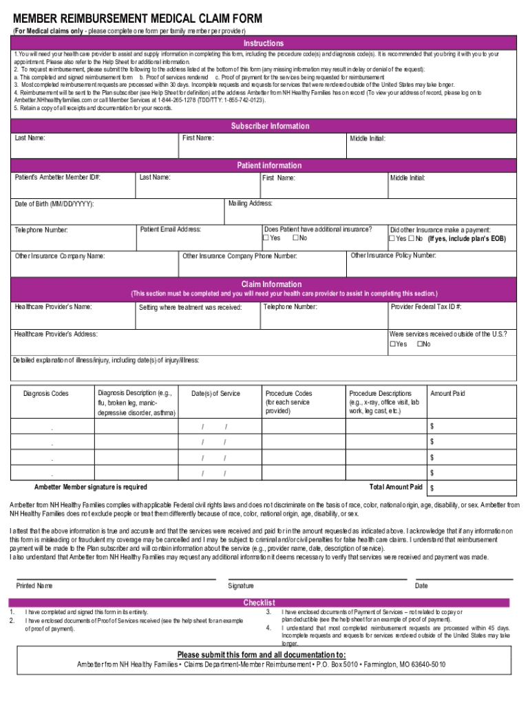 Fillable Online New Hampshire - Member Reimbursement Medical Claim Form ...