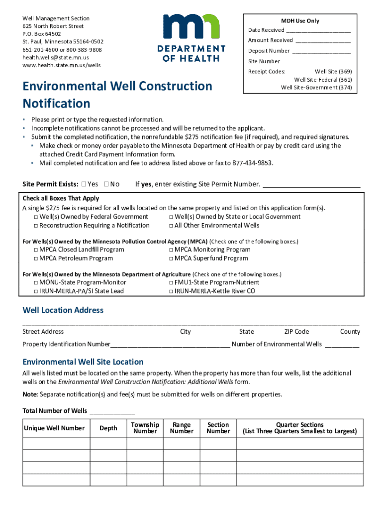 Fillable Online health minnesota Environmental Well Construction ...