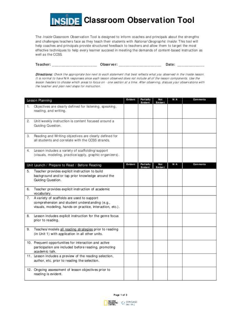 Fillable Online Classroom Observation and Goal-Setting ToolsCLI Engage ...