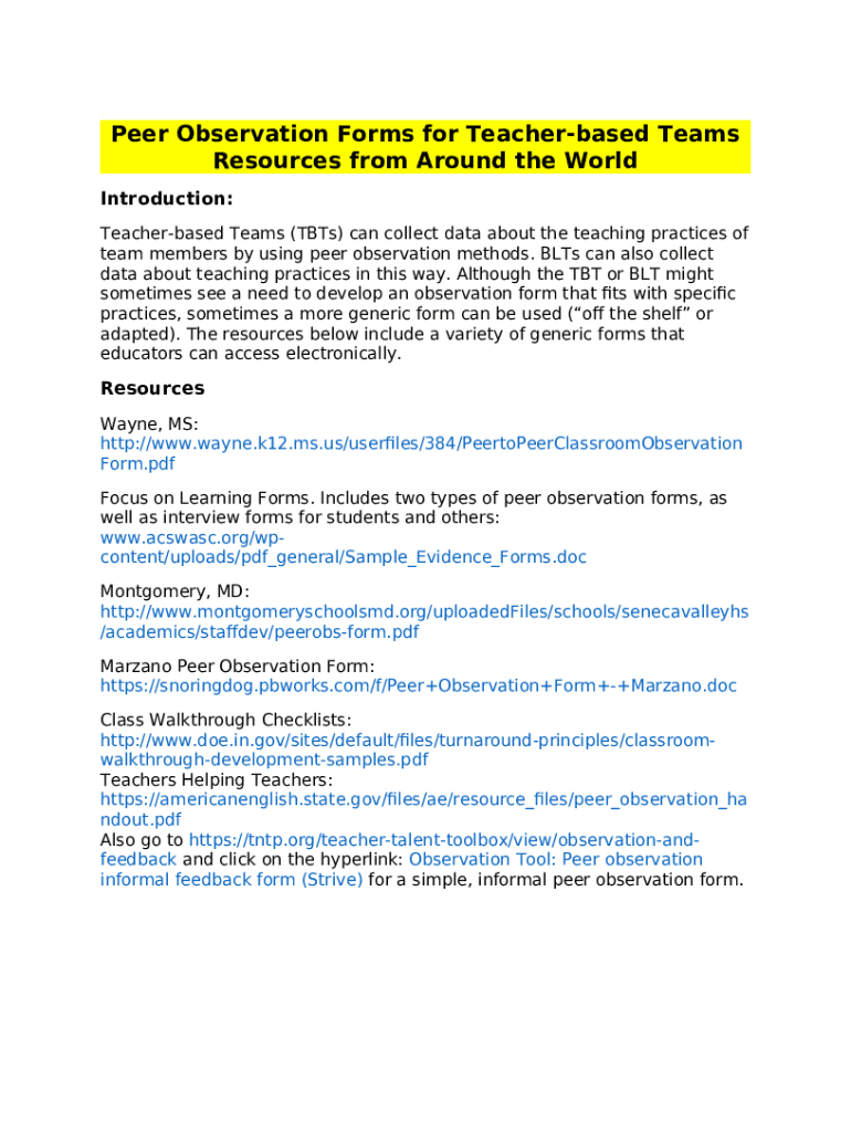 Peer Observation s for Teacher-based Teams Resources from ... Doc ...