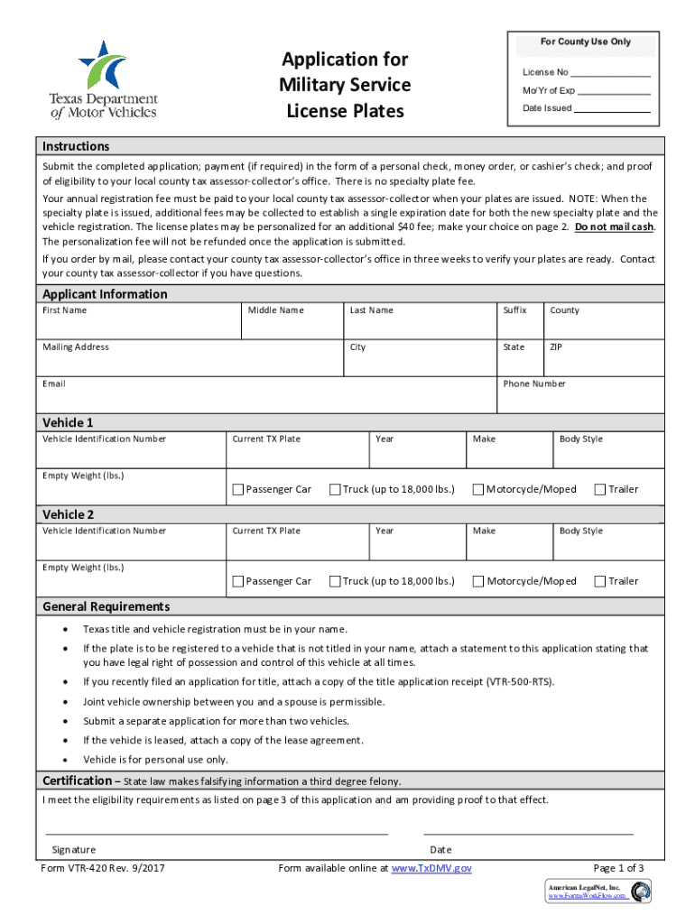 Fillable Online Application for Military Service License Plates (Form ...