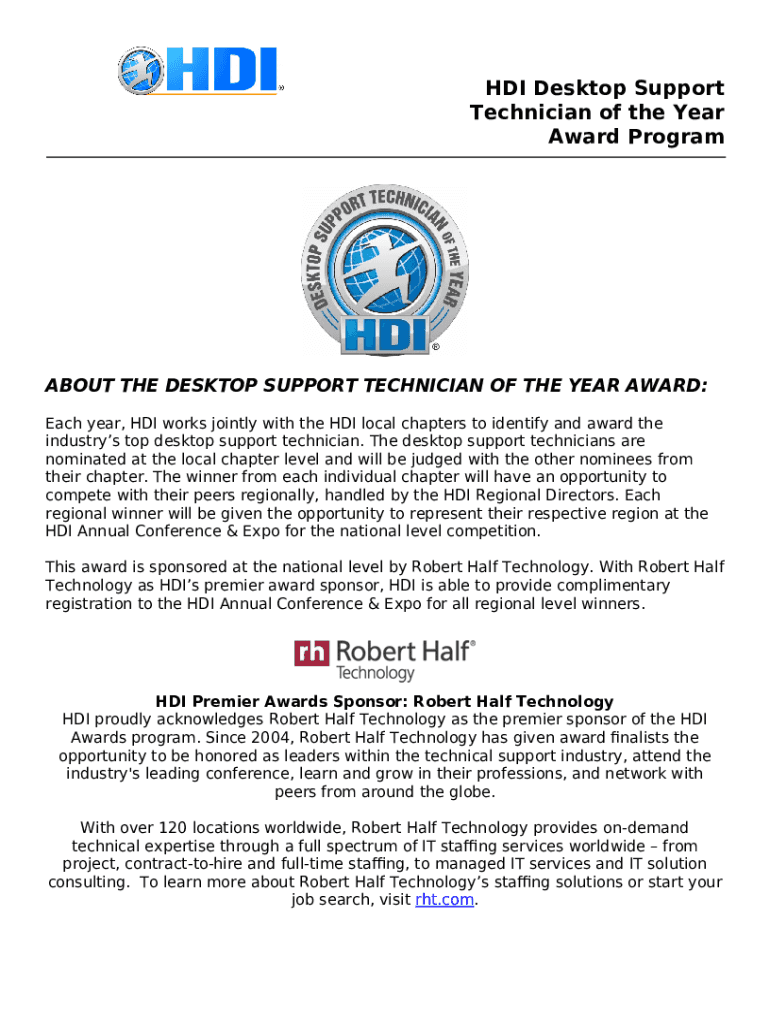 Desktop Support Technician of the Year Nomination Doc Template | pdfFiller