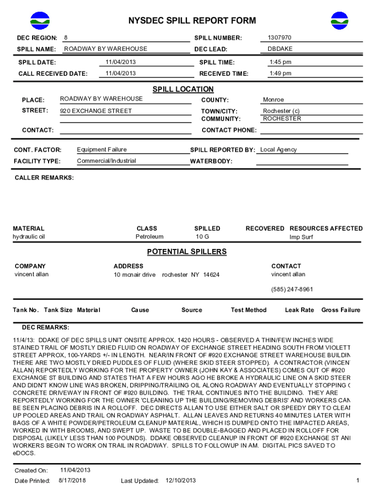Fillable Online PDF NYSDEC SPILL REPORT FORM Fax Email Print - pdfFiller