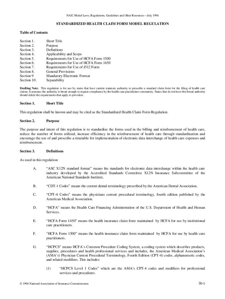 Fillable Online 30-1 STANDARDIZED HEALTH CLAIM FORM MODEL ... - NAIC ...