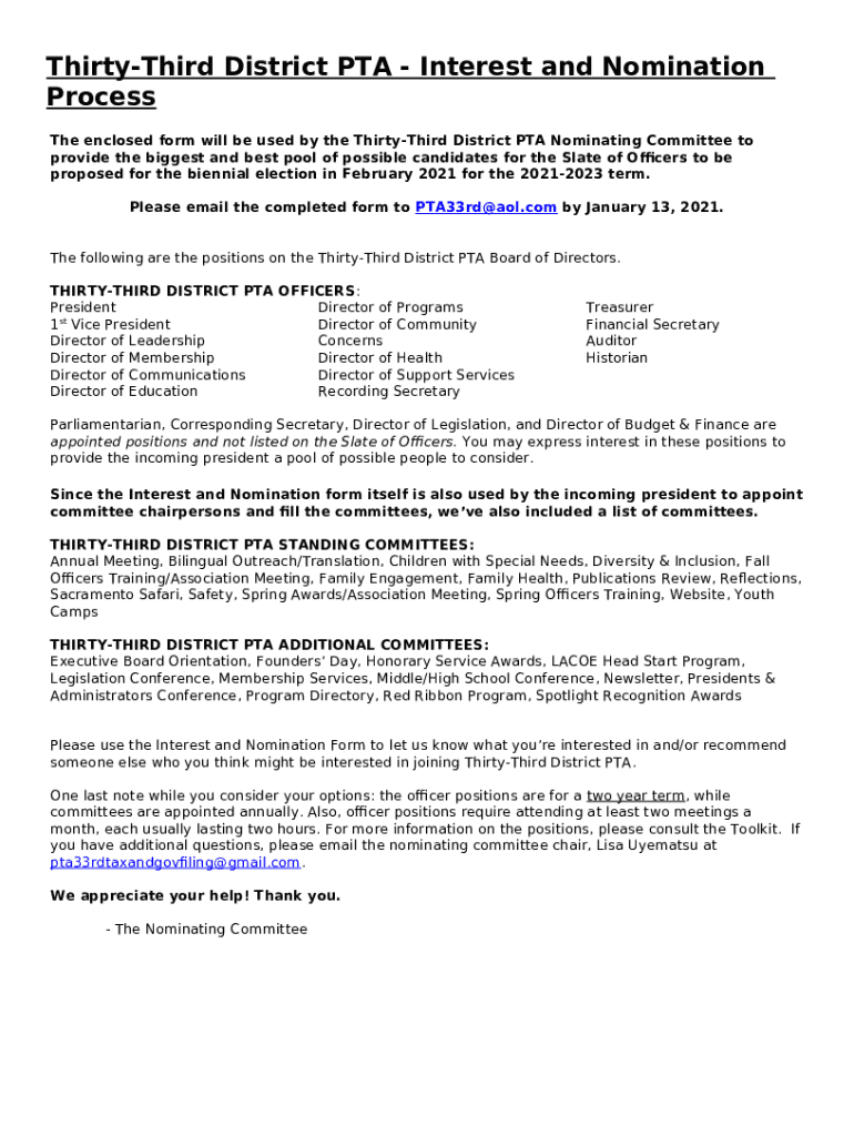 Thirty-Third District PTA - Interest and Nomination Doc Template ...