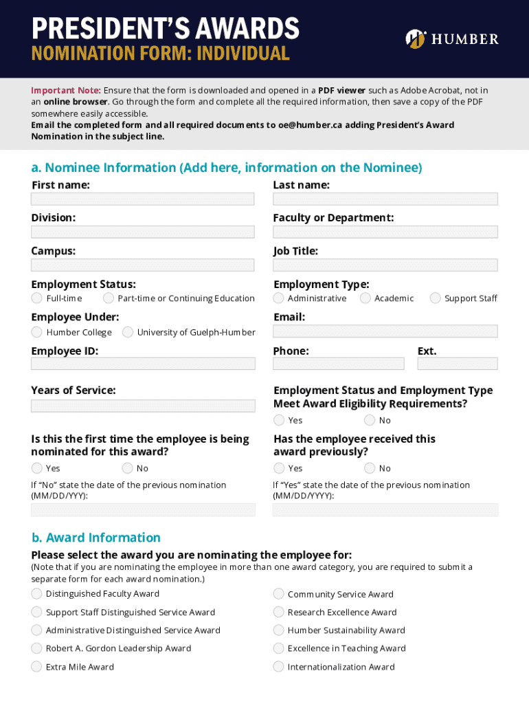 Fillable Online President's Awards Nomination Form - Individual. President's Awards Nomination ...