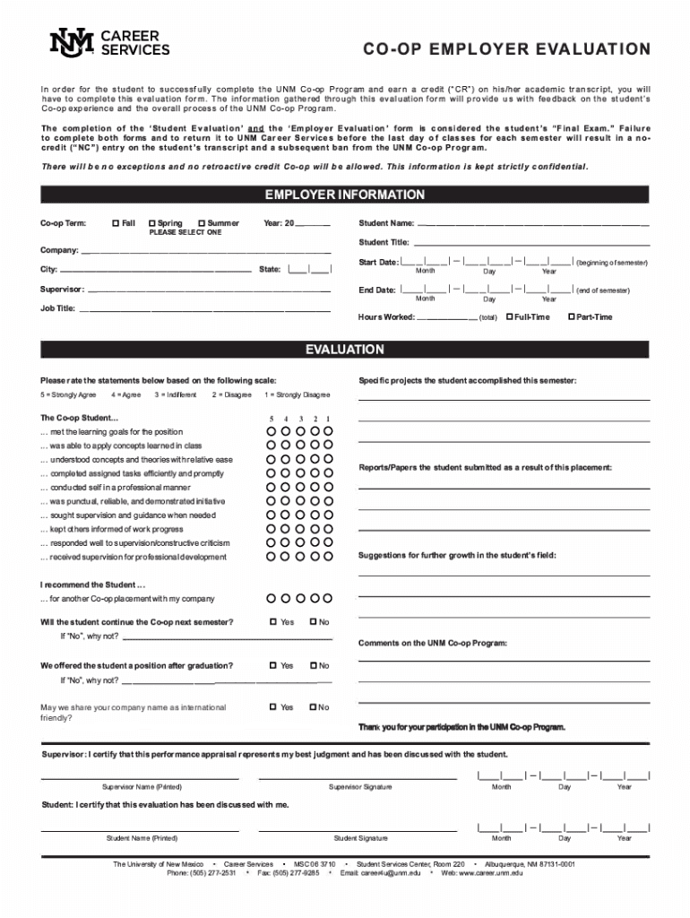 Fillable Online Co-op Employer Evaluation Form Fax Email Print - pdfFiller