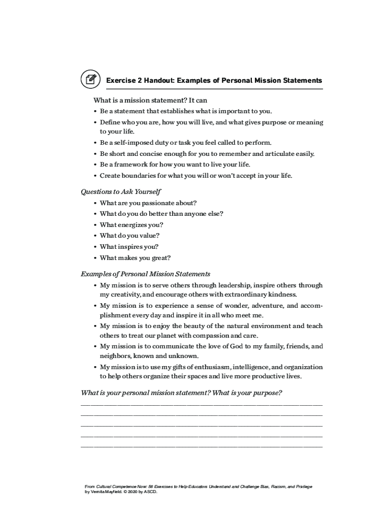 Fillable Online Personal Mission Statement Worksheets & Teaching ...