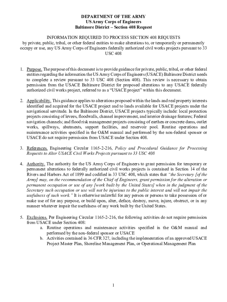 Fillable Online DEPARTMENT OF THE ARMY EC 1165-2-220 US Army Corps of ...