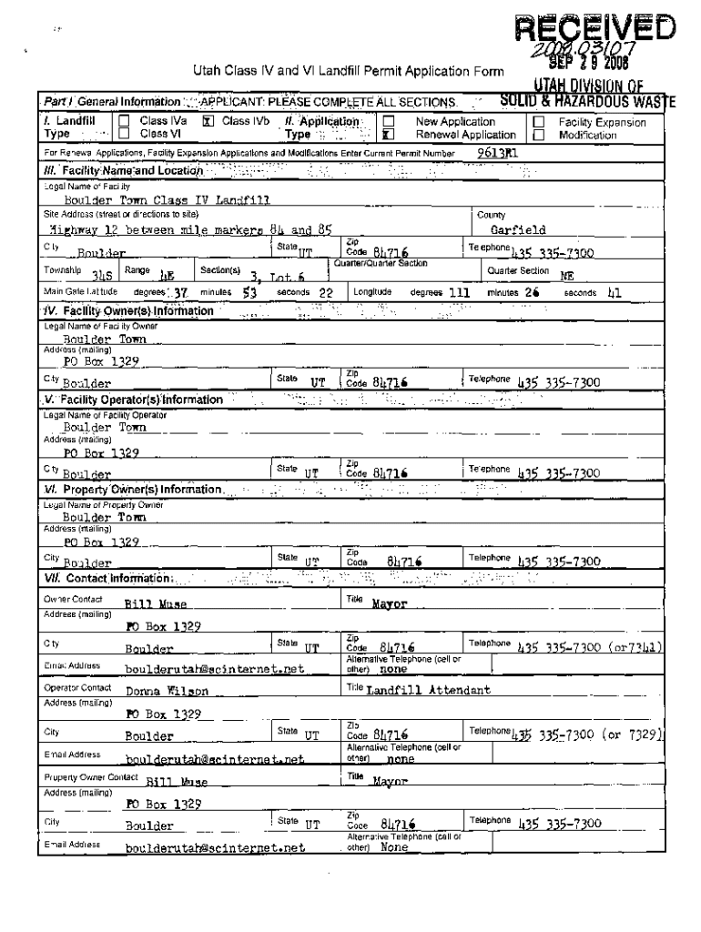 Fillable Online Utah Class IV and VI Landfill Permit Application Form ...