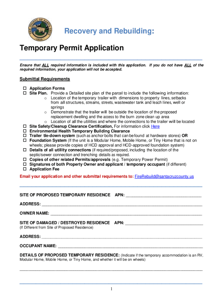 Fillable Online Recovery and Rebuilding: Temporary Permit Application ...