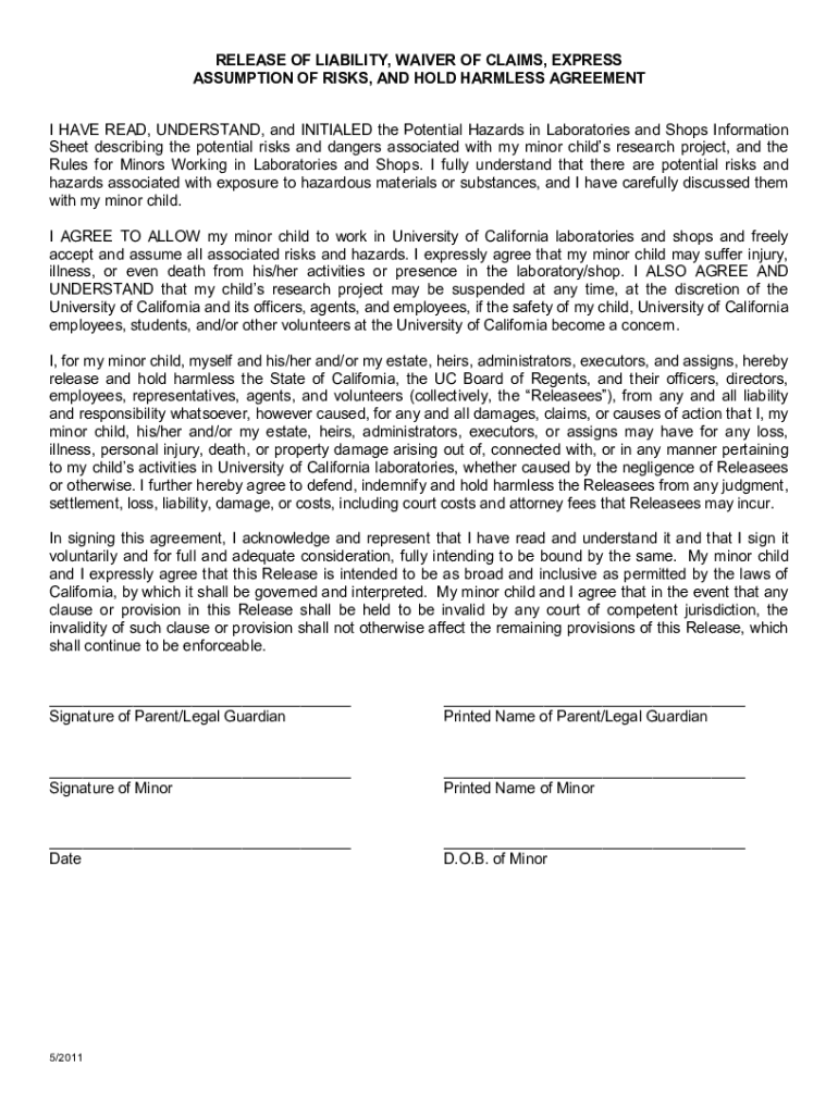 Fillable Online ehs ph ucla Minors in Lab Release of Liability Waiver ...