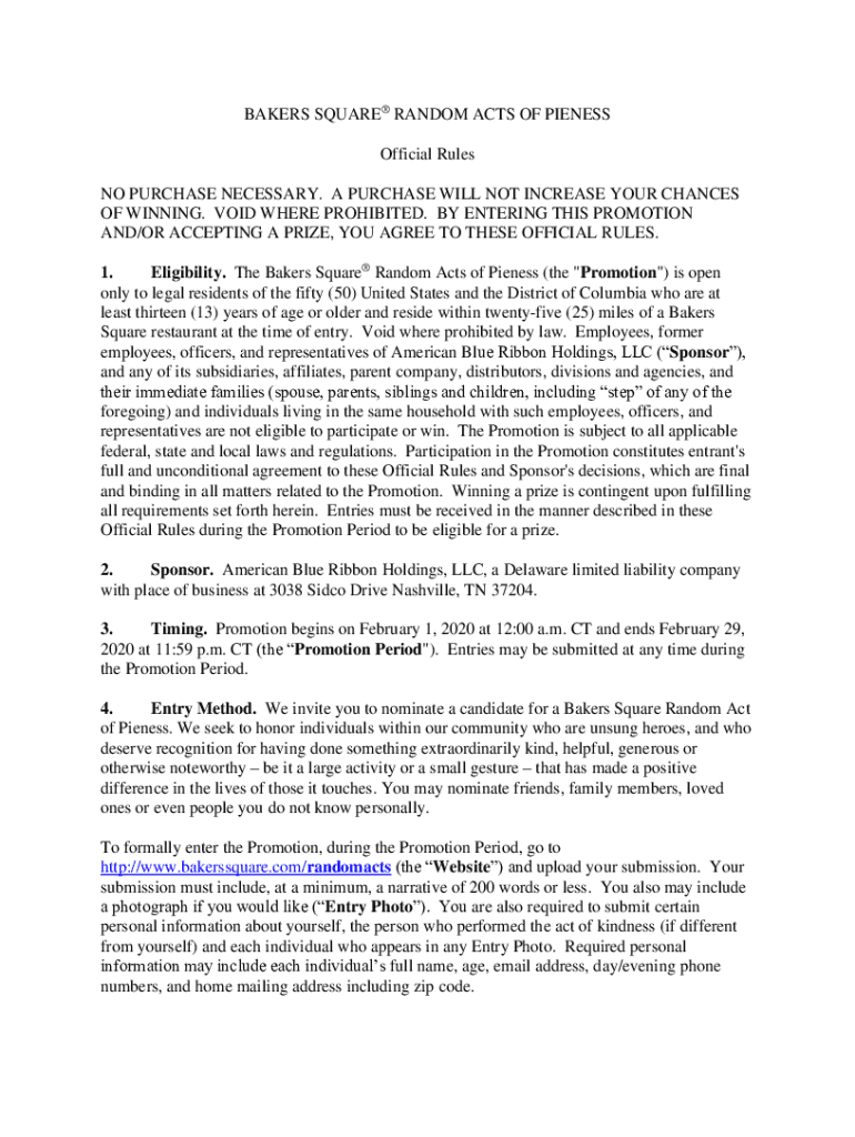 Fillable Online BAKERS SQUARE RANDOM ACTS OF PIENESS NO PURCHASE ...