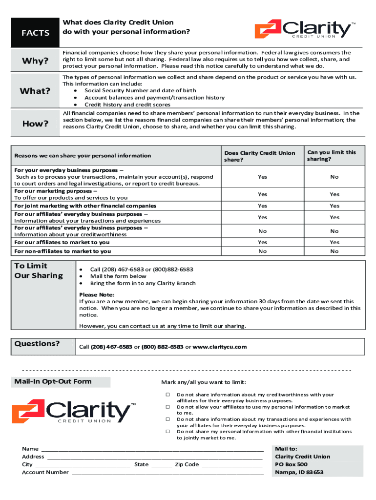 Fillable Online What does Clarity Credit Union FACTS personal ...