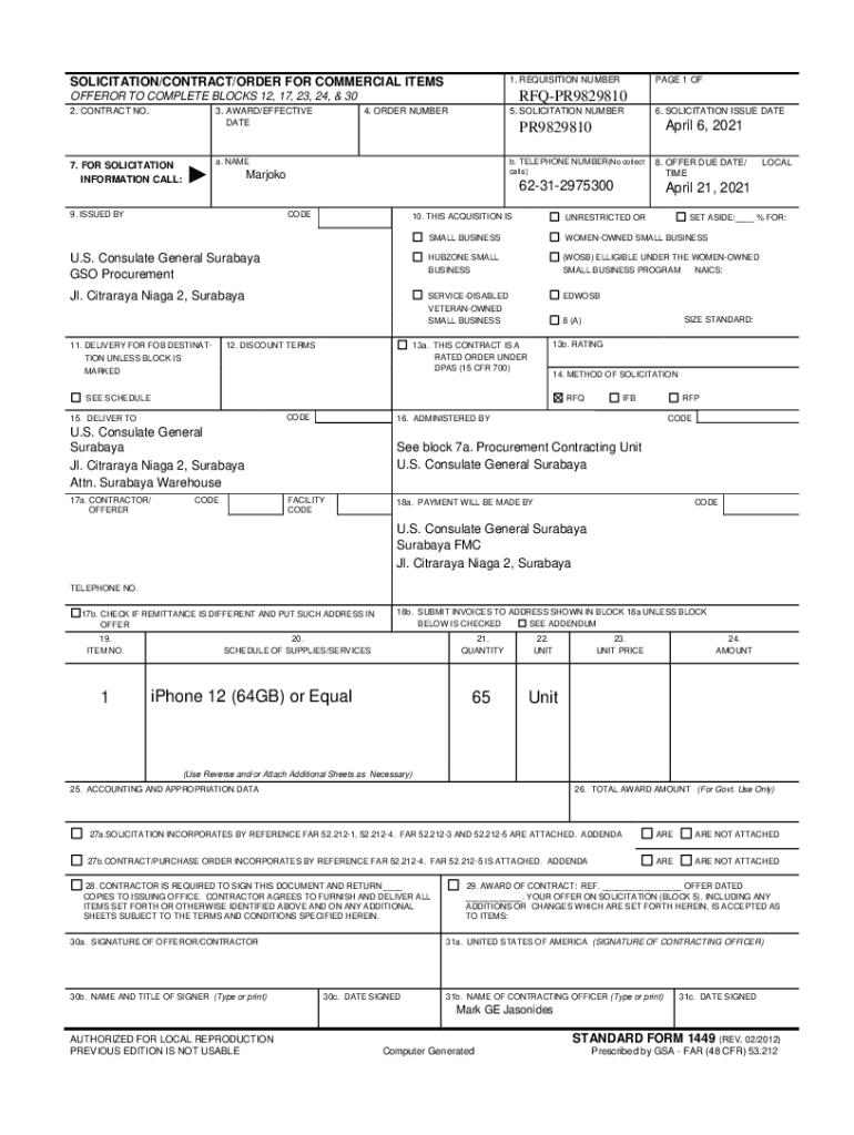 Fillable Online SOLICITATION/CONTRACT/ORDER FOR COMMERCIAL ITEMS , 1 ... Fax Email Print - pdfFiller