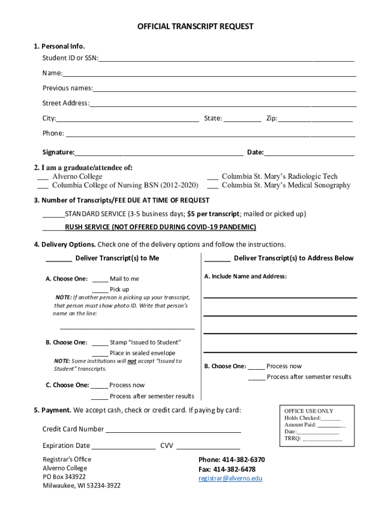 Fillable Online TEMPORARY SERVICES DURING COVID 19 TRANSCRIPT REQUEST ...