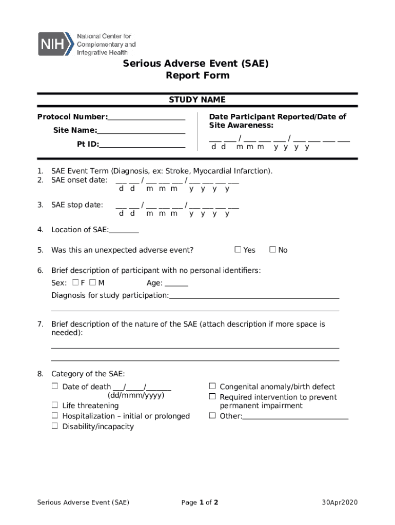Serious Adverse Event (SAE) Report . Serious Adverse Event (SAE) Report ...