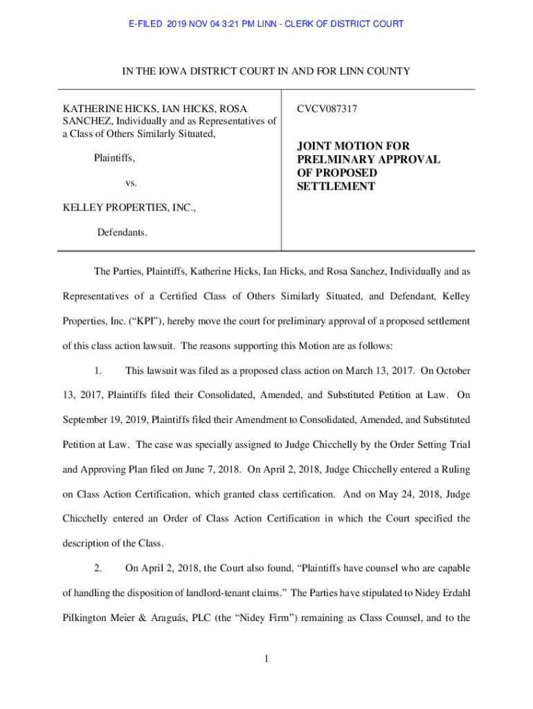 Fillable Online JOINT MOTION FOR Plaintiffs, PRELMINARY APPROVAL OF ...
