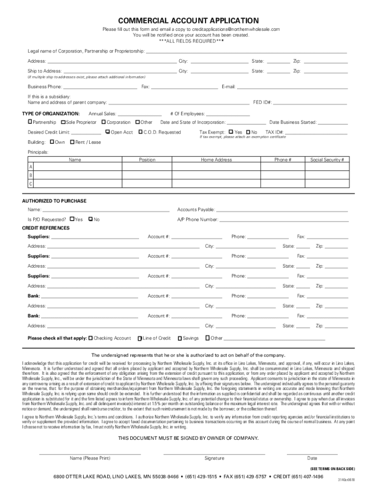Fillable Online COMMERCIAL ACCOUNT APPLICATION - Northern Wholesale Fax ...