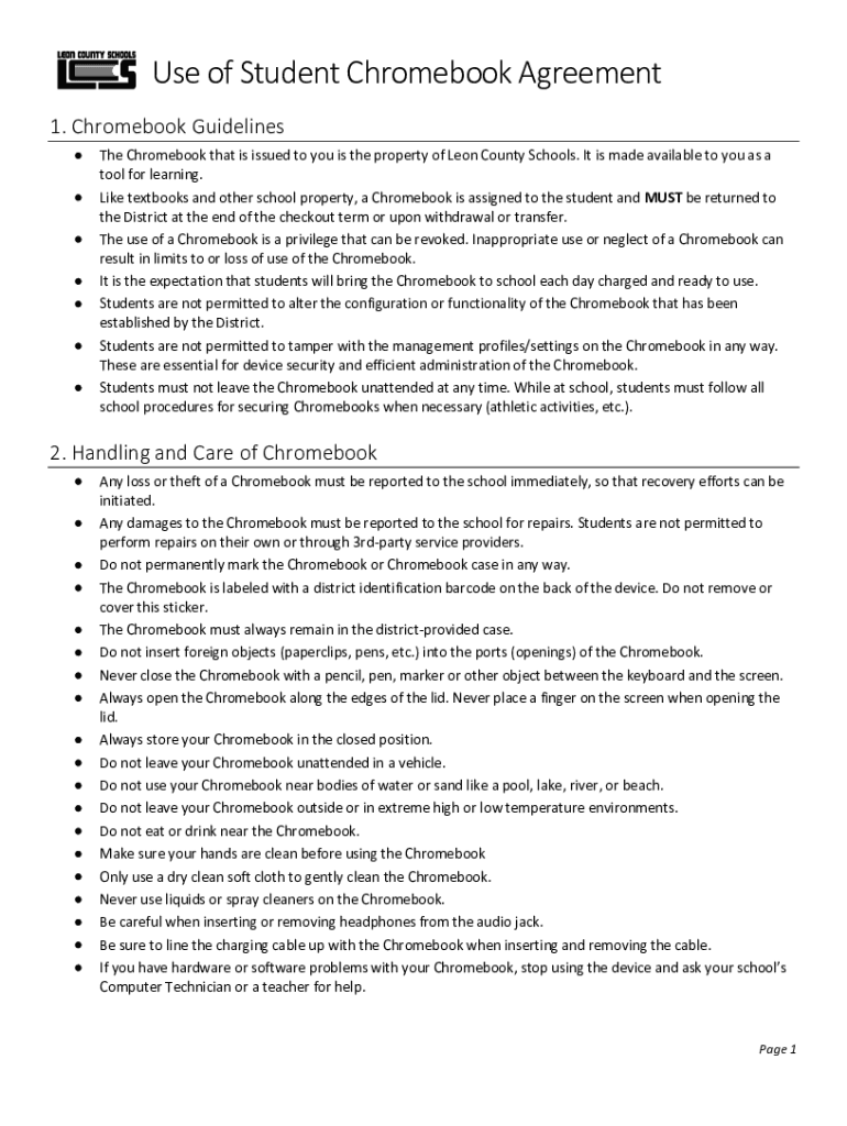 Fillable Online Use of Student Chromebook Agreement - Leon County ...