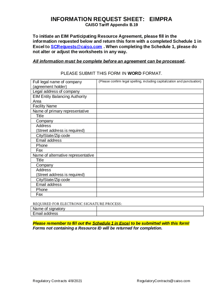Energy Imbalance Market Participating Resource Agreement Ination Request Sheet Doc Template ...