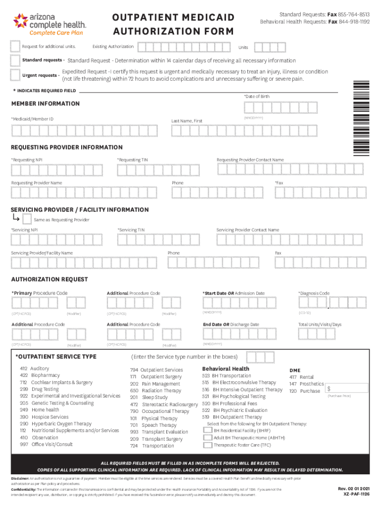 Fillable Online Outpatient Medicaid Authorization Form. Authorization ...
