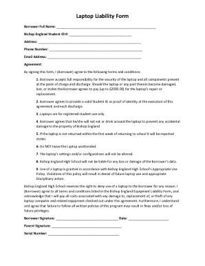 Fillable Online Laptop Liability Form - Bishop England High School Fax ...