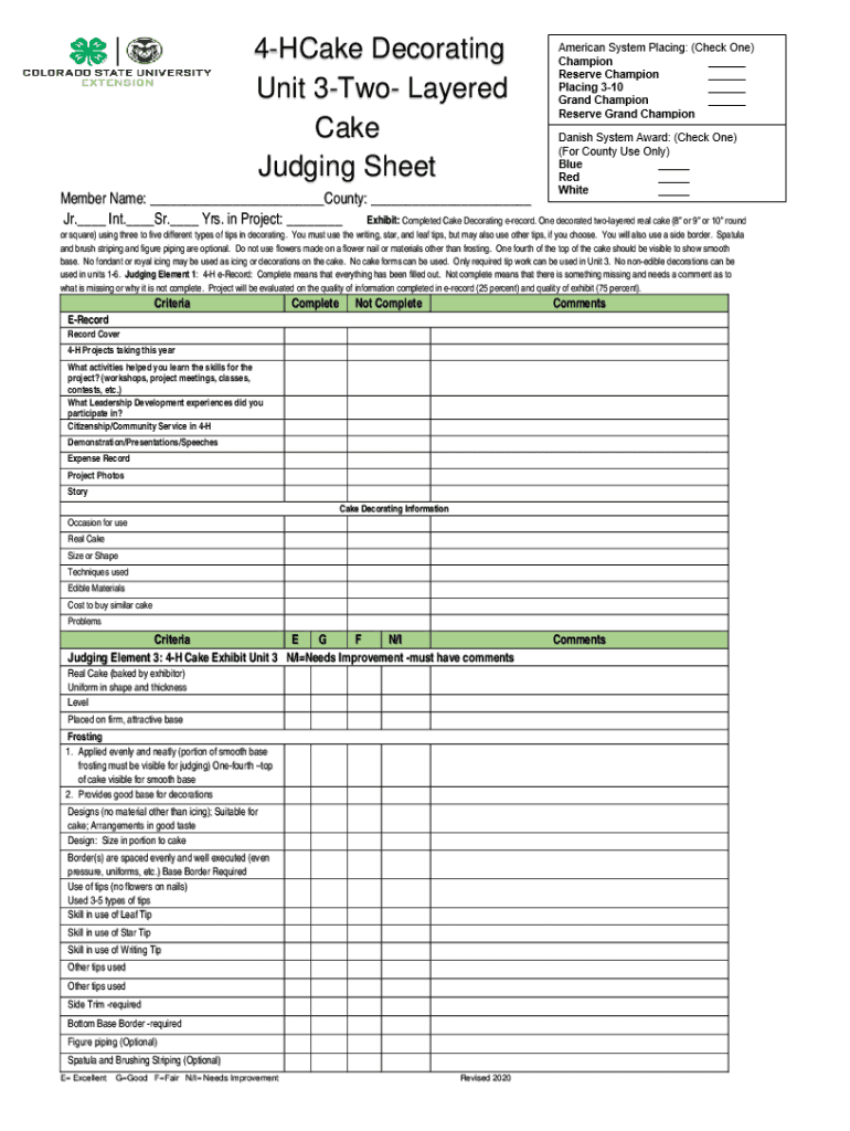 Fillable Online 4-H Cake Decorating Unit 2- Single Layered Cake Judging Sheet Fax Email Print ...