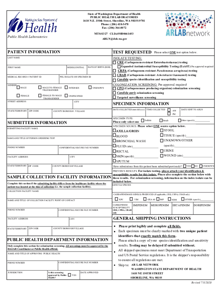 Fillable Online State of Washington FOR PHL USE ONLY Department of ...