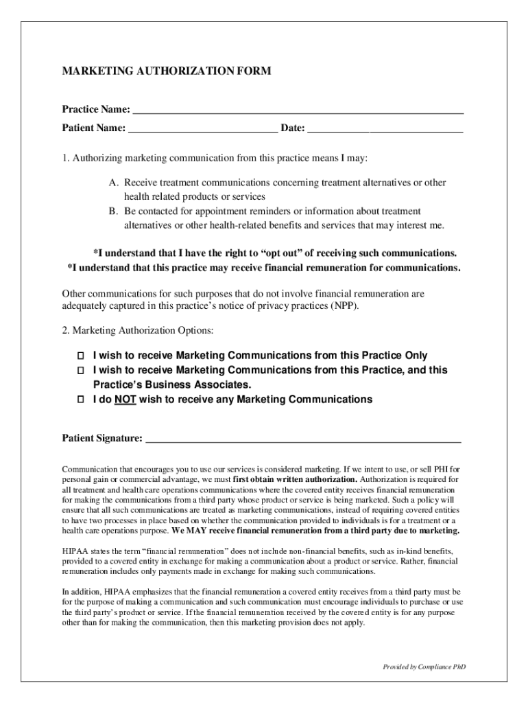 Fillable Online MARKETING AUTHORIZATION FORM Fax Email Print - pdfFiller