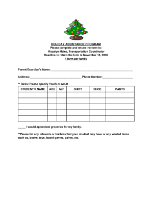 Fillable Online HOLIDAY ASSISTANCE PROGRAM Please complete and return ...