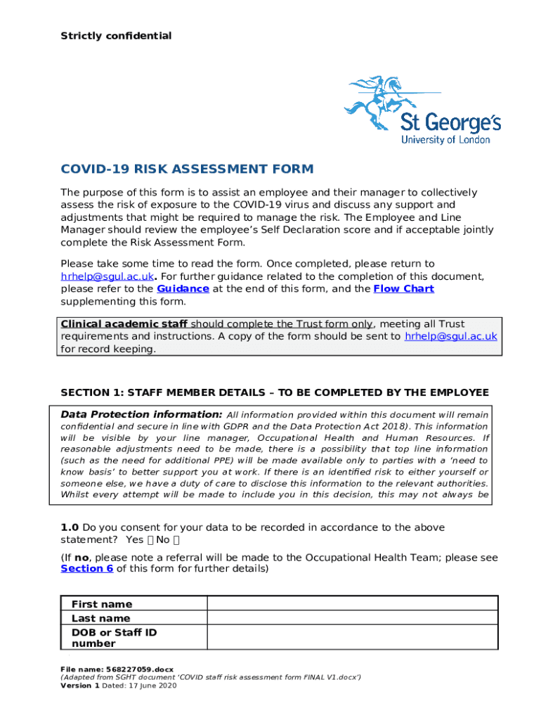 staff personal risk assessment (COVID) Doc Template | pdfFiller
