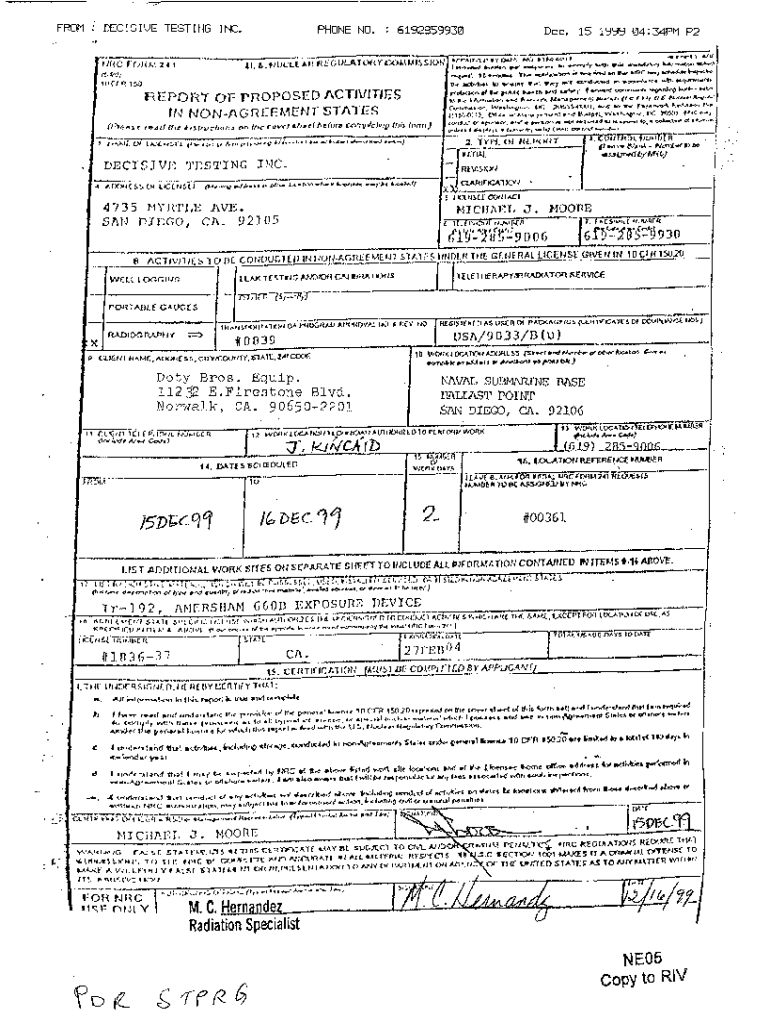 Fillable Online NRC Form 241, "Report of Proposed Activities in Non ...