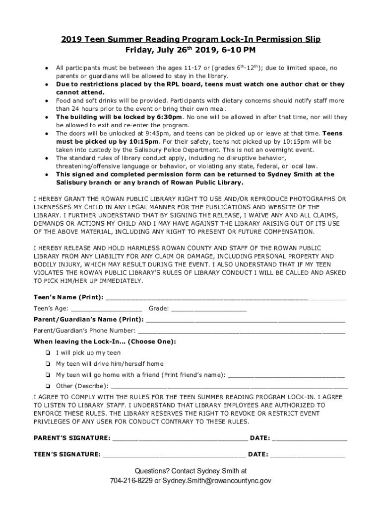 Fillable Online Teen Summer Reading Program - State Library of ...