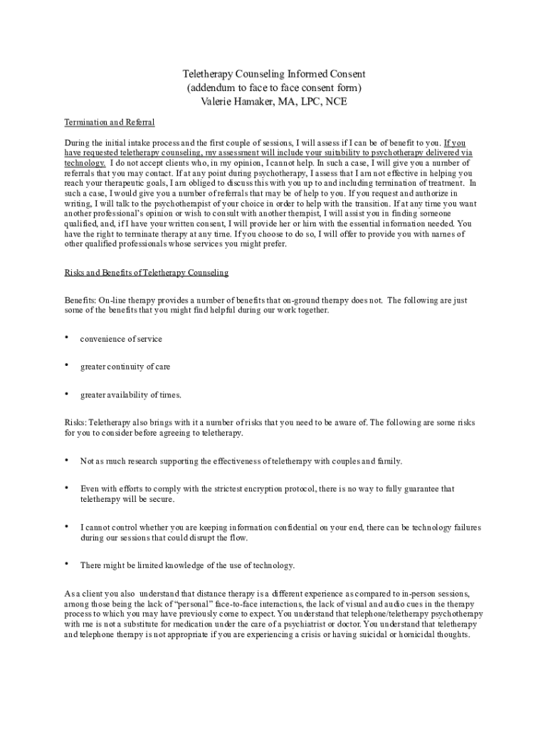 Fillable Online Telemental Health Informed ConsentInformed Consent ...