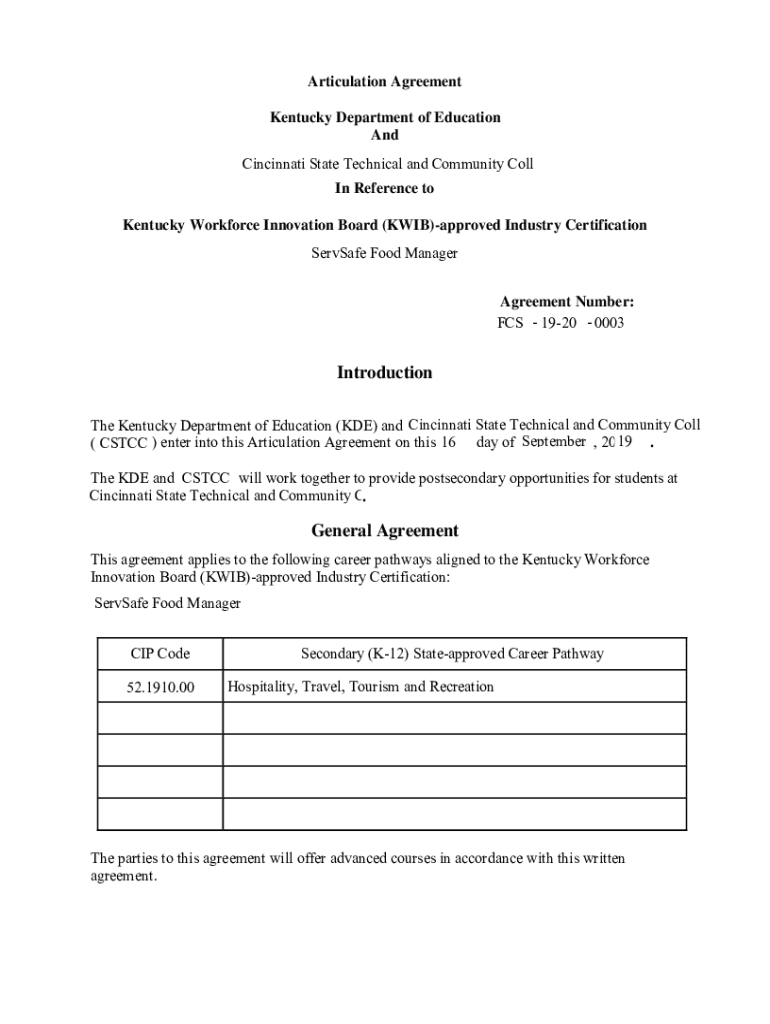 Fillable Online education ky INSTITUTIONAL ARTICULATION AGREEMENT ...