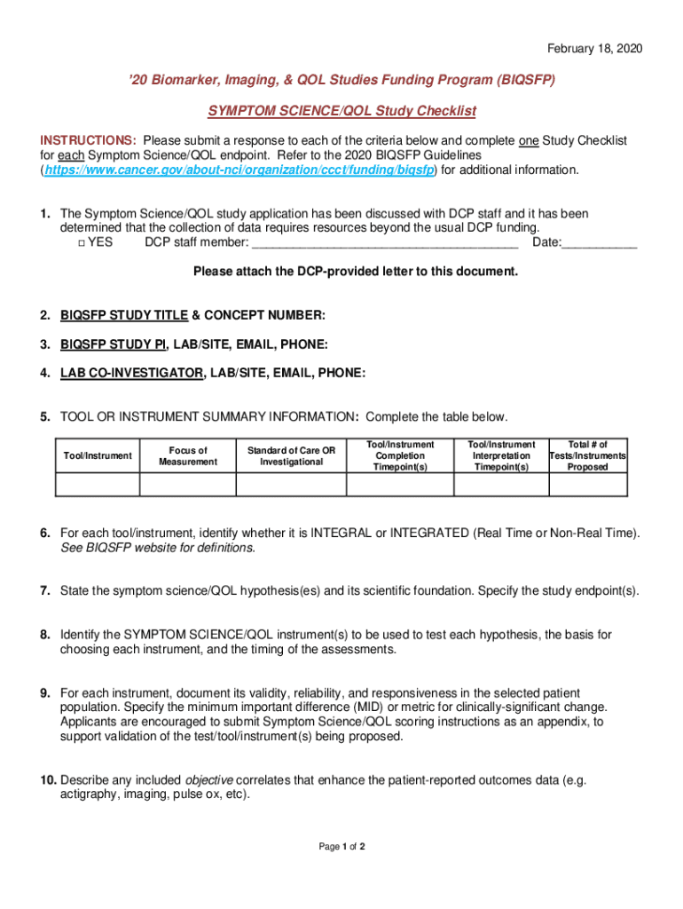 Fillable Online FY20 Symptom Science-QOL Checklist. FY20 Symptom ...