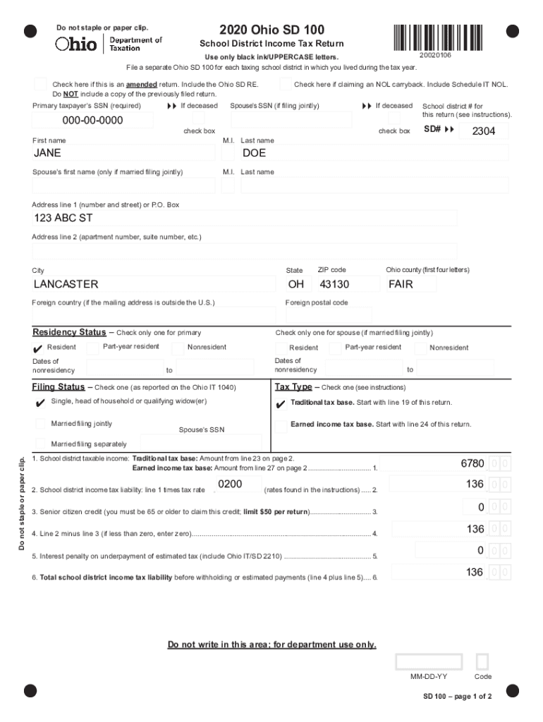 Fillable Online tax ohio Form SD100 "School District Income Tax Return ...