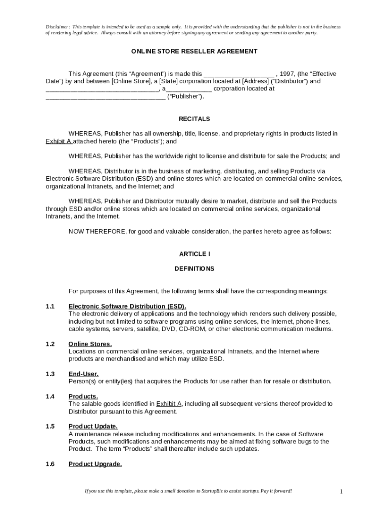 Online Store Reseller Agreement. Sample Legal Template Doc Template ...