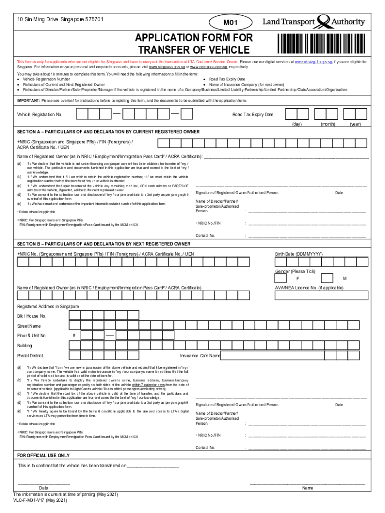 Fillable Online M01 APPLICATION FORM FOR TRANSFER OF VEHICLE Fax Email ...