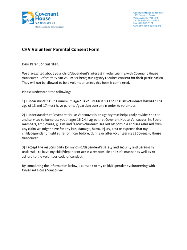 Fillable Online CHV Volunteer Parental Consent Form - covenanthousebc ...
