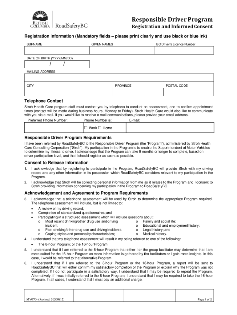 Fillable Online Responsible Driver Program, Registration and Informed ...
