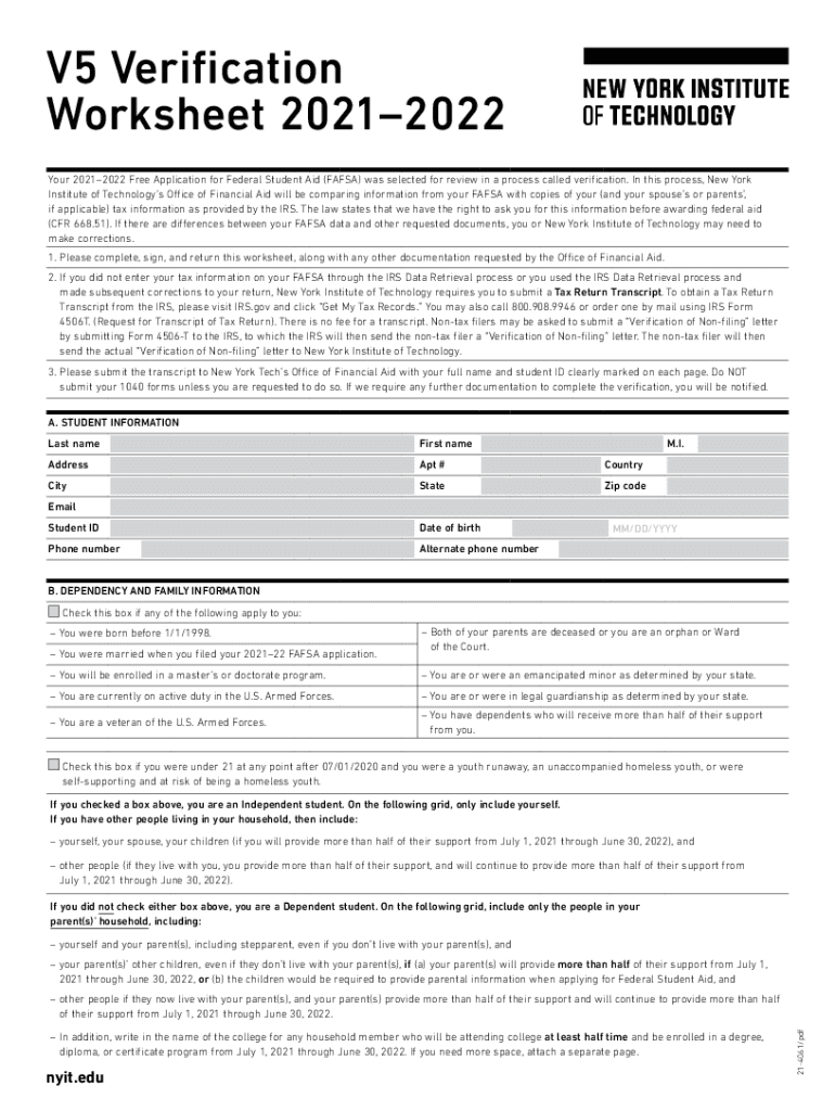 Fillable Online V5 Verification Worksheet 20172018 - New York Institute ... Fax Email Print ...